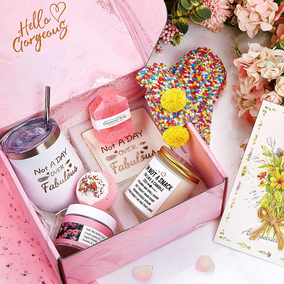 WQOE Birthday Gifts for Women, Mothers Day Gifts, Birthday Gift Basket for Women Gifts for Mom Her Sister Wife, Thank You Gifts Box for Women, Wine Glasses & Relaxing Spa Gift Set