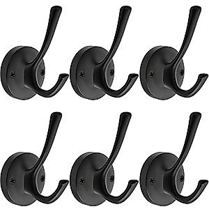TOFIIGREM Black Wall Hooks, 6 Pack Coat Robe Hook Heavy Duty Metal Double Bath Hook Wall Mounted, Hand Towel Hooks for Cubicle Bathroom Kitchen Closet Garage