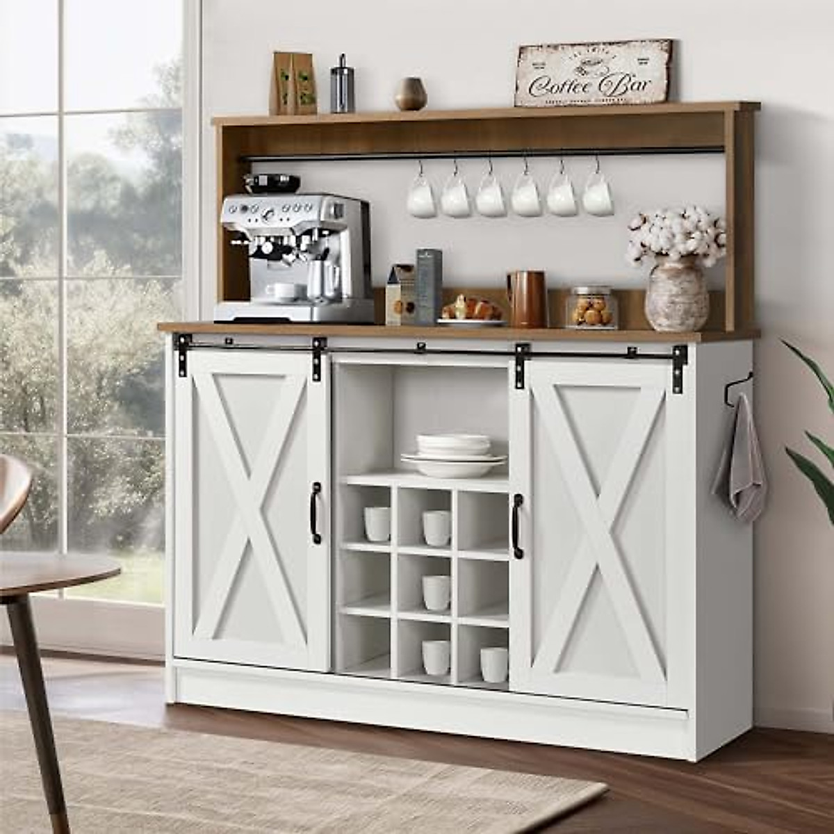 Farmhouse Coffee Bar Cabinet, 47'' Coffee Bar Station with 6 Hooks, Kitchen Coffee Bar with Hutch & 9 Wine Racks, Coffee Bars for Dining Room, White