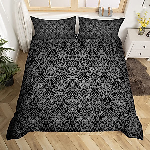 Erosebridal Black Grey Ombre Gothic Bedding Set for Adults Men Twin,Antique Victorian Baroque Floral Comforter Cover Boho Damask Duvet Cover Exotic Floral Bohemian Bedspread Cover 1 Pillow Case