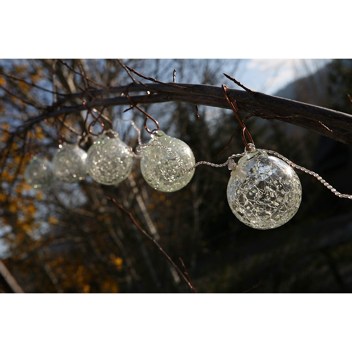 Allsop Home and Garden 29506 Aurora Glow Handblown Glass Solar String Lights, (6) Hand-blown Artisan Globes with Copper Hanging Hooks, Weather-Resistant for Year-Round Outdoor Use, (Clear with White LED)