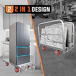 2in1 Steel Panel Truck Cart, Flatbed Cart Heavy Duty Drywall Cart Lumber Cart, Platform Trucks with 2000 lbs Capacity and 2 Swivel Casters, 37" x 24" Push Cart with 1Front and 2 Side Handrails