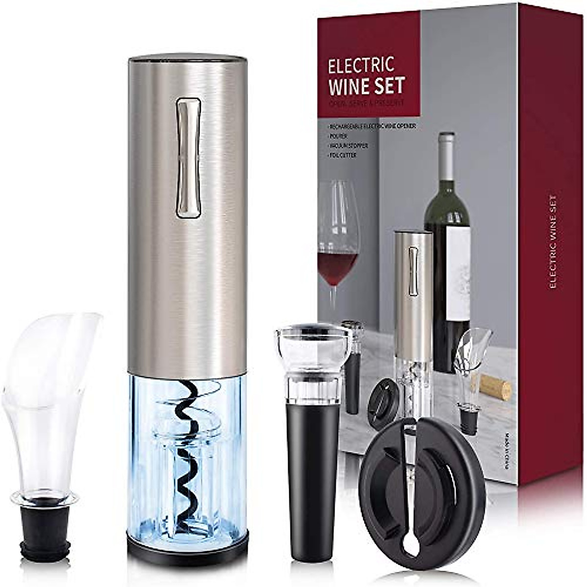 Abuzhen Electric Wine Opener, with Foil Cutter, Vacuum Stopper and Wine Aerator Pourer & USB Charging Cable,Automatic Corkscrew Bottle Opener for Wine Lover 4-in-1 Gift Set, Stainless Steel