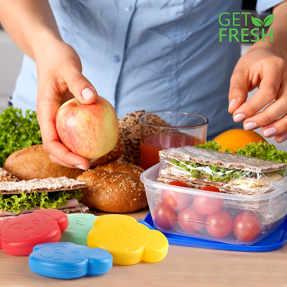 GET FRESH Mini Freezer Ice Packs for Lunch Boxes - 4-Pack Cute Small Ice Blocks for Cool Bags and Kids Lunch Box – Reusable Animal Freezer Blocks for Kids Lunch Cool Boxes Bags with 10 Food Picks