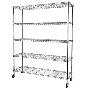 70.9" Rolling Wheels Black Storage Shelves Adjustable Metal Rack Unit for Kitchen Bathroom Garage Closet, Heavy Duty Adjustable Storage Metal Rack, Shelves for Storage, Garage, Pantry, Kitchen, Chrome