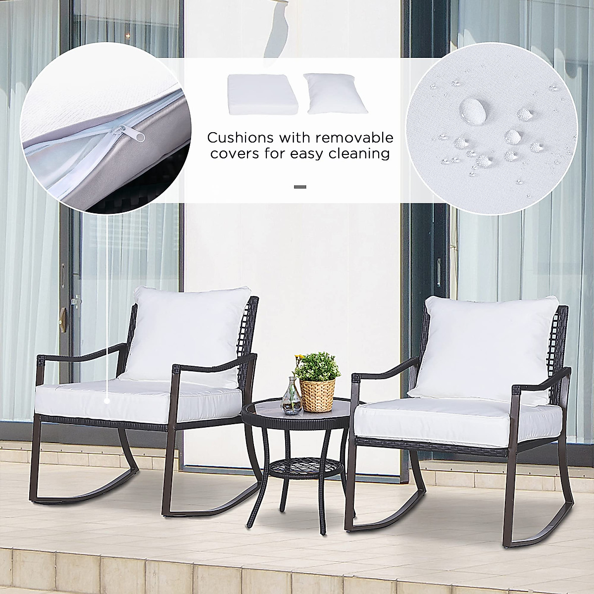 Outsunny 3 Piece Patio Rocking Bistro Set, Outdoor PE Rattan Wicker Rocking Chairs with Cushioned, Pillows, Two-Tier Glass Storage Shelf Coffee Table, Cream White