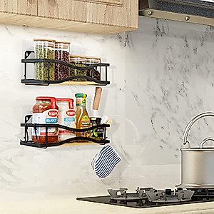 Masoffi Shower Caddy Storage with Hooks, Adhesive Shower Organizer, No Drilling Bamboo Shower Shelf for Inside Shower, 304 Stainless Steel Rustproof Bathroom Shower Rack Basket, 2 Pack Black