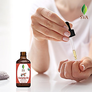 SVA Camellia Seed Oil Organic - 4 Fl Oz – 100% Natural Cold Pressed Organic Camellia Oil - for Face, Skin Care, Hair Care, Scalp Massage & Body Massage – Carrier Oil with Dropper