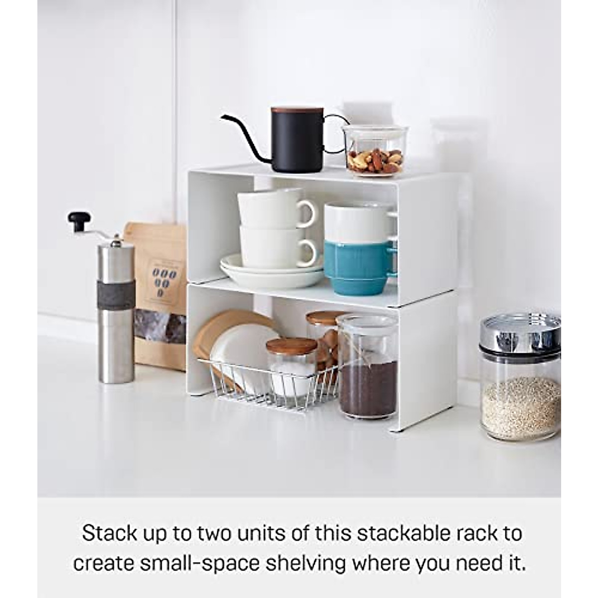 Yamazaki Home Tower Stackable Alloy Steel Kitchen Rack – Storage Organizer Counter Shelf White Small