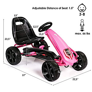 Costzon Pedal Go Kart for Kids, 4 Wheels Pedal Powered Ride on Toy, Outdoor Racer Children's Foot on Riding Car w/Adjustable Seat, Rubber Tires & 2 Brakes for Boys & Girls Age 3 to 8 (Pink)