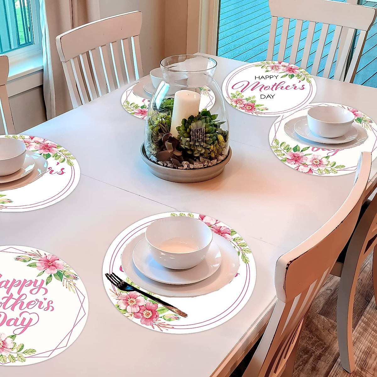 Happy Mother's Day Round Place Mats 13" x 13", Mother’s Day Tableware Supplies for Holiday Party Floral Table Mat Pink Floral Disposable Chargers Dinnerware Paper Place Mats Decorations Favors