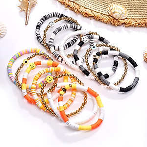 28-30Pcs Heishi Surfer Bracelets Set Colorful Preppy Evil Eye Star Beaded Stretch Bracelets Clay Stackable Boho Disc Bracelets Y2k Aesthetic Summer Beach Jewelry for Women Teens, beads, not know