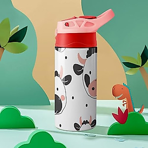 Stainless Steel Water Bottles Cartoon Cow Print Travel Water Cups with Handle And Silicone Straw Drinking Cup with Leak Proof Lid Thermo Travel Mug for Women Men
