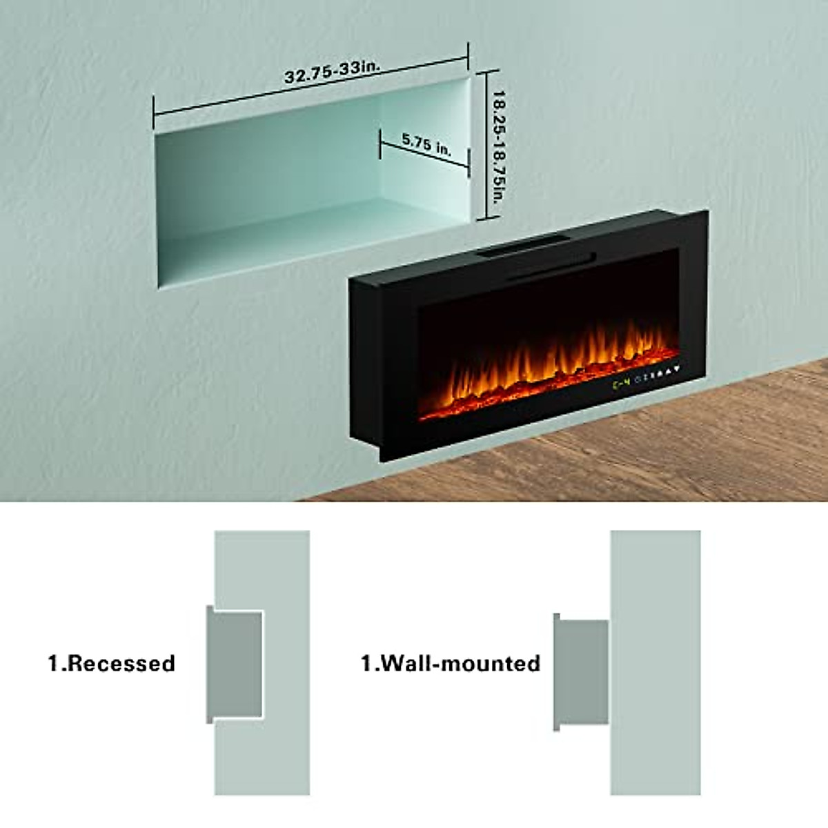 Hykolity 36 inch Electric Fireplace Inserts, 750/1500W Recessed and Wall Mounted Electric Fireplace, Electric Wall Fireplace Heater with Remote Timer, Touch Screen, Log/Crystal Hearth Options
