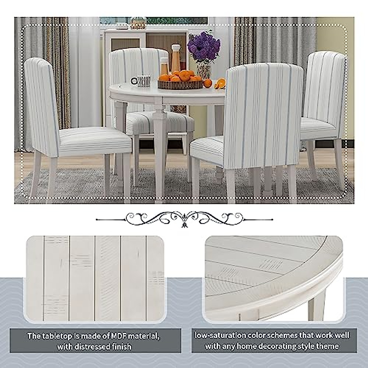 HAUSHECK Round 4 Wooden Table w/Solid Wood Tapered Legs, Upholstered High Backrest Chair, Soft Padded Cushion, Modern Home Furniture, 5-Pieces Kitchen & Dining Room Sets, White