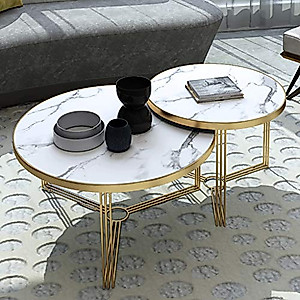 2 Piece Round Nested Coffee Table, Artificial Marble Tabletop Metal Frame Coffee Table for Living Room, Small Side Coffee Table