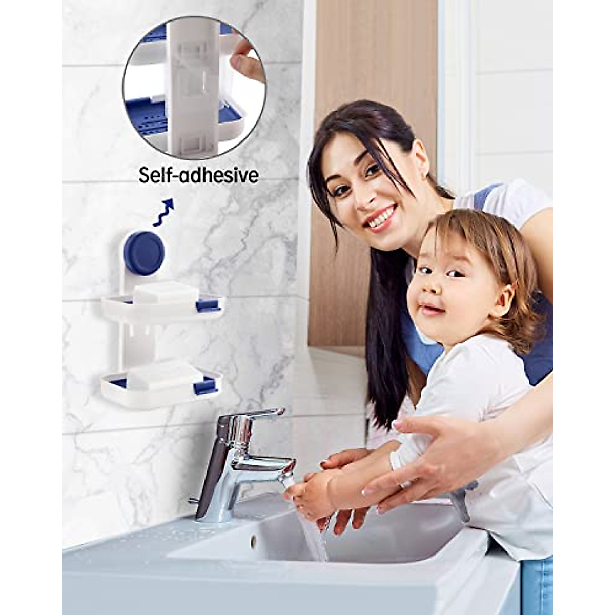 MOVNO Double Layer Soap Dish Soap Holder for Shower Wall, Sponge and Bar Soap Holder Saver for Bathroom Gadgets, Soap Container with Draining Tray Soap Case for Bathroom and Kitchen（Blue）