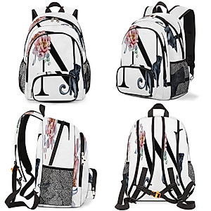 Alphabet Monogram Floral N Letter Bookbag School Backpack Teens Girls Boys Schoolbag Shoulder Computer Hiking Gym Travel Casual Travel Daypack