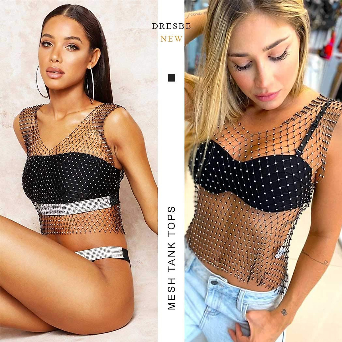 DRESBE Rhinestone Mesh Body Chains Hollow Tank Tops Bikini Crop Top Party Body Jewelry Accessories for Women and Girls (Black-V Neck-L)