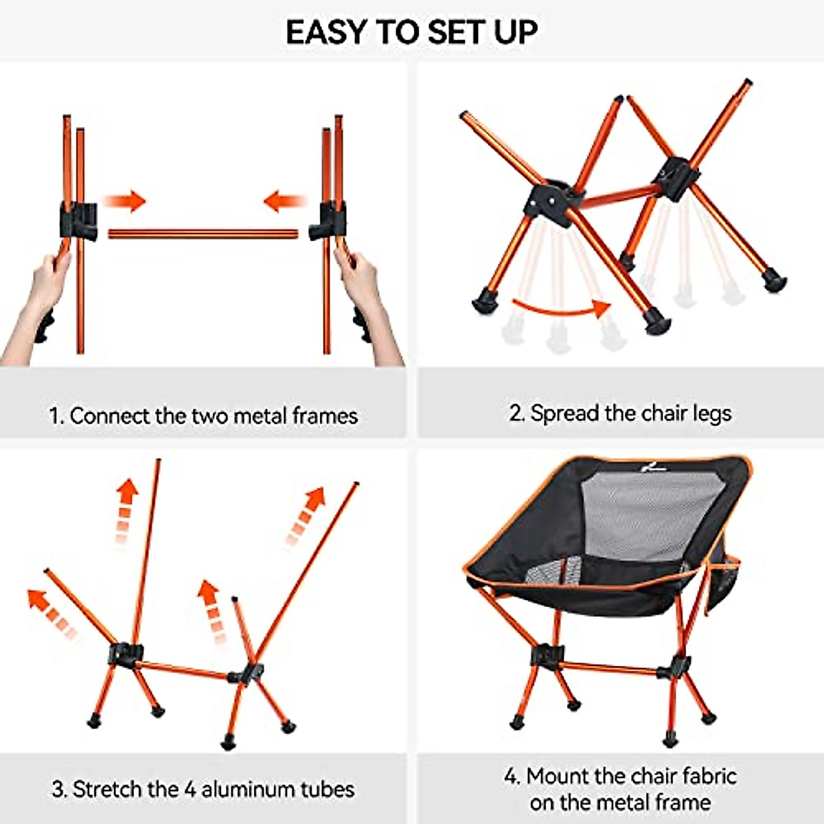 Sportneer Portable Folding Lightweight Camping Chair Camp Chair for Adults Foldable Compact Beach Backpacking Chairs Outdoor Chair for Camping Hiking Lawn Picnic Outside Travel (2, Orange)