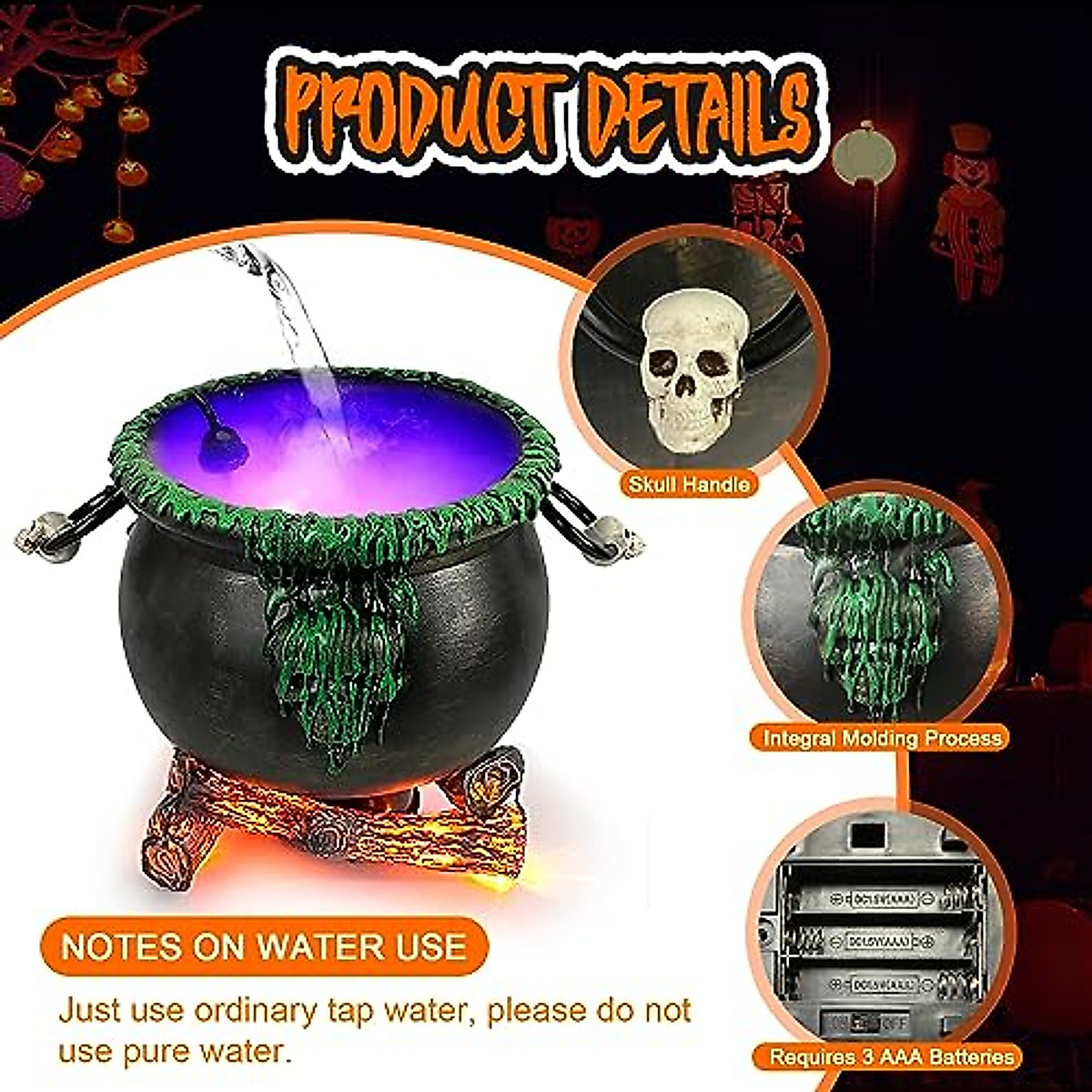 Cauldron Halloween Decor 8" Witch Plastic Cauldron with 12 LED Mist Maker & Splash Guard & Glowing Charcoal Base, Perfect for Halloween Party Decoration Witch Cauldron Decor Haunted House Props