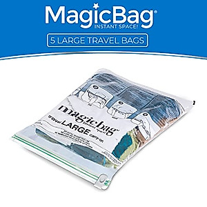 MagicBag 5-Pack Large Suitcase Travel Compression Bags Instant Space Saver Storage - Airtight Double Zipper - Suits, Dresses, Dress Shirts, Pants, Slacks, Pillows, Cruise Ship Essentials
