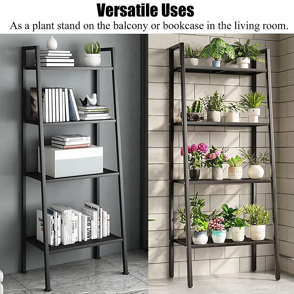WillingHeart Ladder Shelf 4-Tier Bookshelf Plant Flower Stand Storage Rack Industrial Organizer Modern Shelves Shelving Bookcase Iron Stable Metal Frame Furniture Home for Living Room Kitchen Office