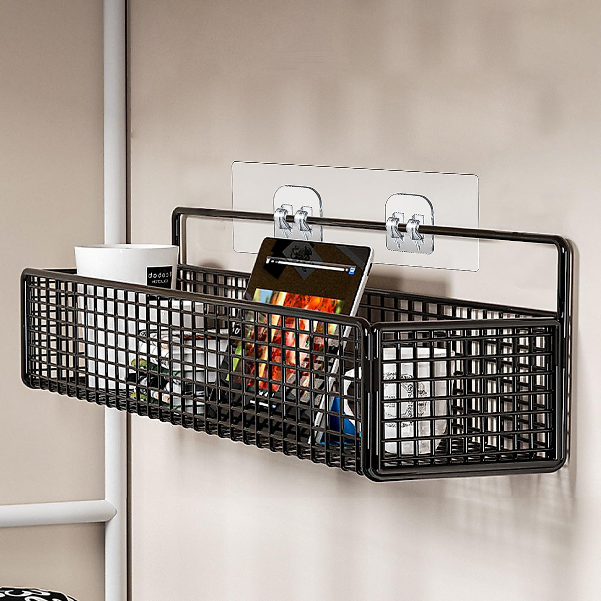 COMNICO 4 Pack Shower Caddy Adhesive Hooks Replacement, Strong Self-Adhesive Sticker No Drilling Waterproof Hanging Hooks for Bathroom Storage Shelves Kitchen Racks (Double Hook,Transparent)