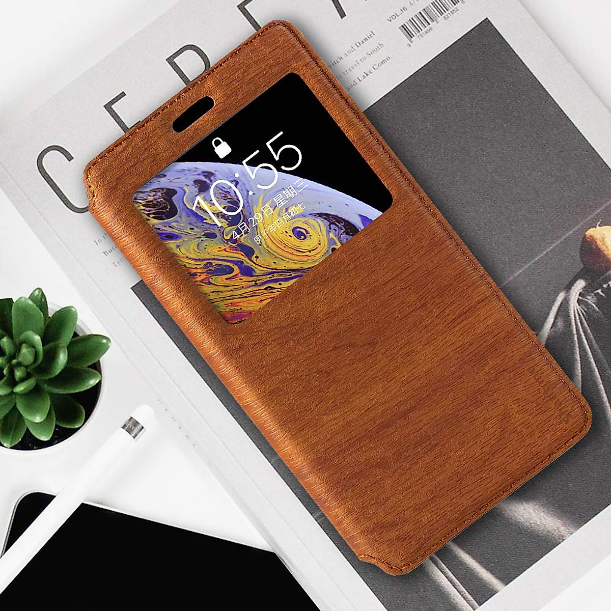 for Gigaset GS5 Case, Wood Grain Leather Case with Card Holder and Window, Magnetic Flip Cover for Gigaset GS5 Lite (6.3”)
