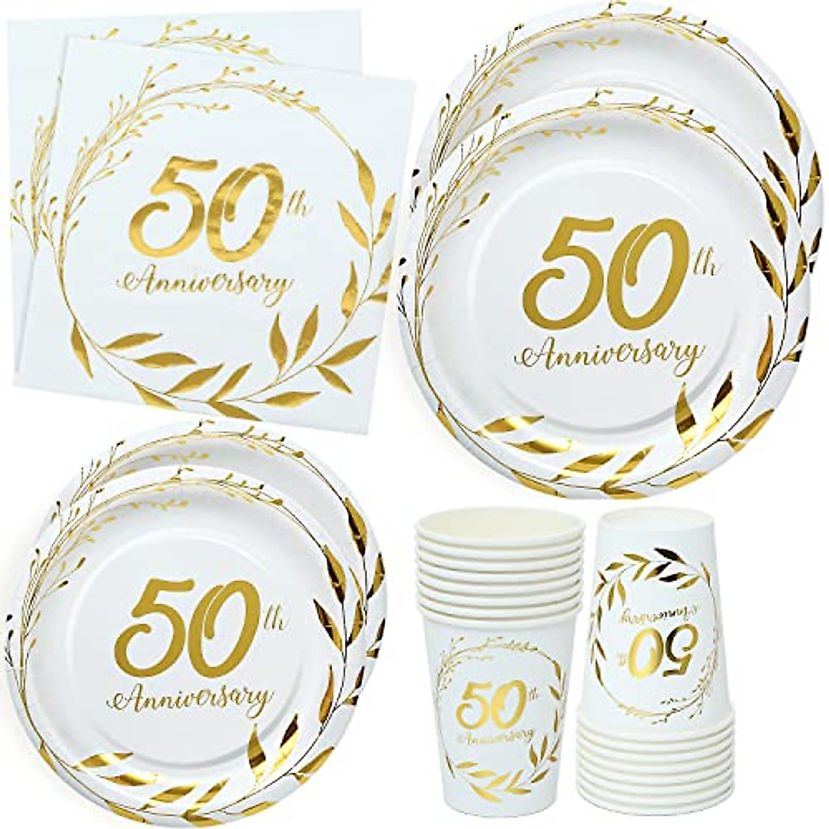 NAIWOXI 50th Anniversary Decorations Tableware - Golden 50th Anniversary Wedding Party Supplies Include Plates, Cups, Napkins, Fifty Years of Love 50th Wedding Anniversary Decorations | Serves 24