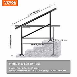 VEVOR Handrail for Outdoor Steps, 3-4 Steps Outdoor Handrail, Adjustable Aluminum Staircase Handrail, Thickened Stair Railings for Porch Railing, Deck Handrail