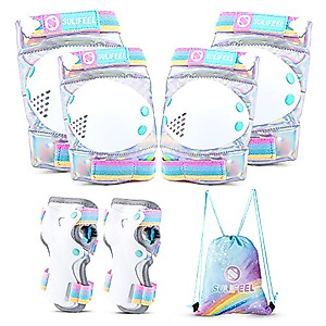 SULIFEEL Rainbow Unicorn Roller Skates for Kids with Adjustable Protective Gear Set Shiny Small