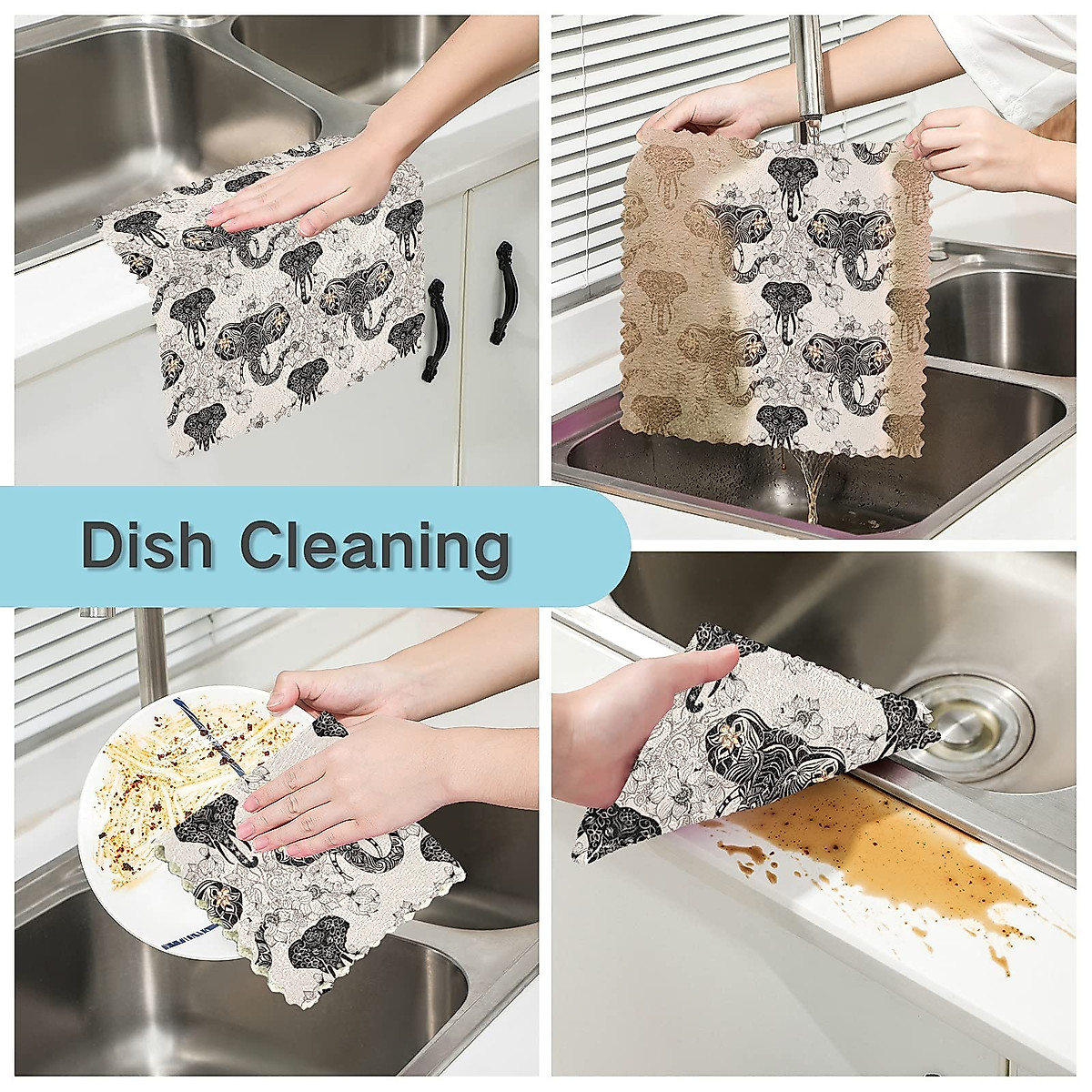 SUABO 6 Pack Dish Cloths for Washing Dishes, Elephant Head Dish Towel Rags Hand Towels for Kitchen Cleaning Counters