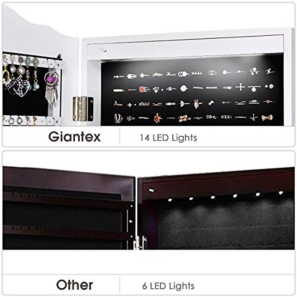 Giantex Jewelry Armoire Organizer Box with Mirror & 2 Drawers, Lockable Floor Standing Jewelry Cabinet with 14 Auto-on LED Lights, Full Length for Bedroom (White)