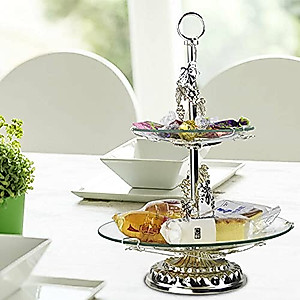 2 Tier Elegant Glass Cake Stand Cupcake Tray Multifunctional Tower Dessert Fruit Plate Holder Table Decor for Restaurant Buffet Bar Picnic Party Festival Afternoontea Silver