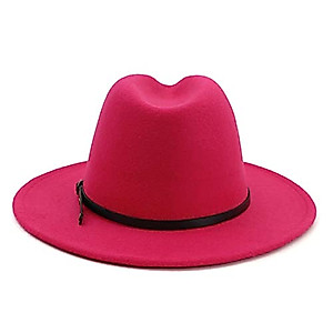 DT DANTIYA Women's Classic Wide Brim Wool Fedora Hat with Belt Buckle Felt Panama Hat Rose Red