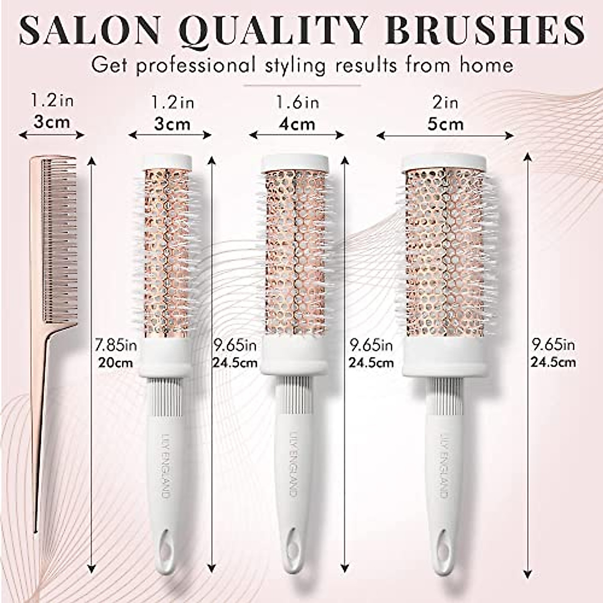 Round Brush Set for Women - Luxury Hair Brushes - Blowout Round Barrel Hairbrush for Blow Drying with Tail Comb by Lily England (White & Rose Gold)