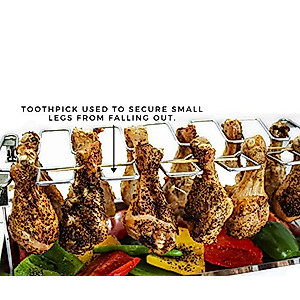 Chicken Leg Rack for Grill, Smoker or Oven; Great for Chicken Legs, Wings, or Drumsticks; Stainless Steel; Non-Toxic Drumstick Holder; Comes in a Box with Grill Drip Pan for Vegetables and Grill Tongs