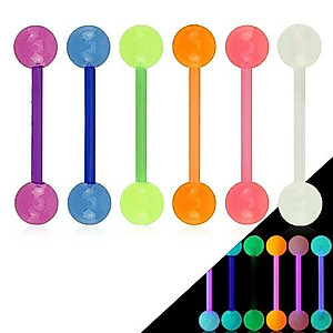 6 Pc Glow in The Dark Bioflex Barbells Tongue Nipple Rings 14G 5/8" No Metal