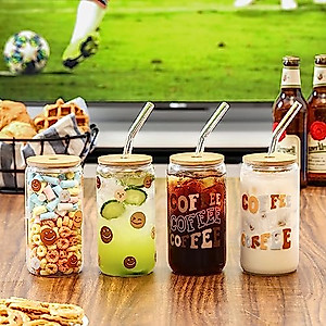 Glass Cups with Lids and Glass Straws with Design 4pcs Set - 16oz Cute Iced Coffee Sublimation Glasses, Beer Can Shaped Drinking Glasses Tumbler, Coffee Bar Accessories, Aesthetic Housewarming Gifts