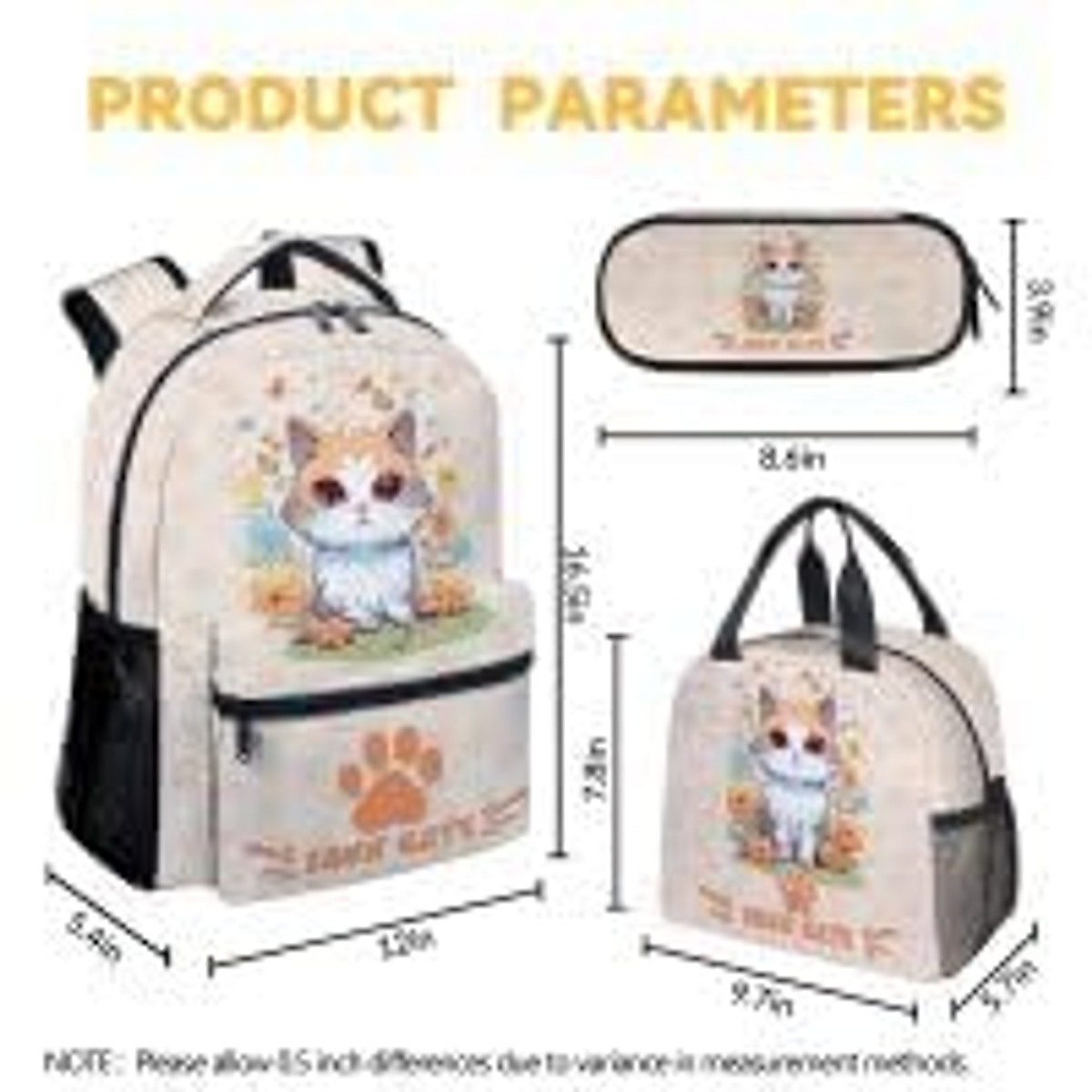 BEOIIBIRD Cat Backpack with Lunch Box Set for Girls, 3 in 1 School Backpacks Matching Combo, Cute Orange Bookbags and Pencil Case Bundle