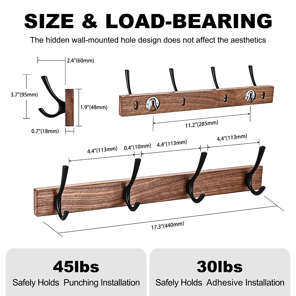 LECHYN 17.3" Small Walnut Wood Coat Rack Wall Mount with 4 Hooks, Heavy Duty Wooden Jacket Hanger Door Mounted for Decorative Entryway and Bathroom Hanging Towel Backpack Purse Clothes Hat Key Black