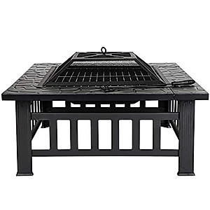 HANGKAI 32in Square Fire Pit Backyard Patio Garden Stove Wood Burning Fireplace -3 in 1 BBQ Grill, Cooler, and Fire Bowl w/Large Spark Screen, Log Poker and Cover