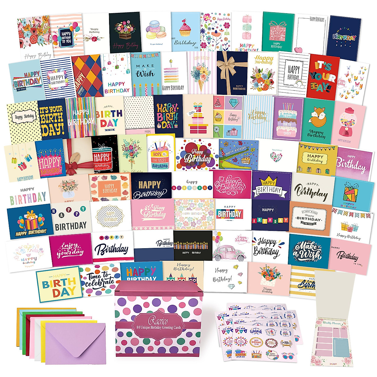 80 Unique Birthday Cards- Happy Birthday Cards Bulk With Greetings Inside – Assorted Birthday Cards With Envelopes and Stickers -Large Birthday Cards 5 x 7 inches- Birthday Cards Greeting Cards Bulk Box Set
