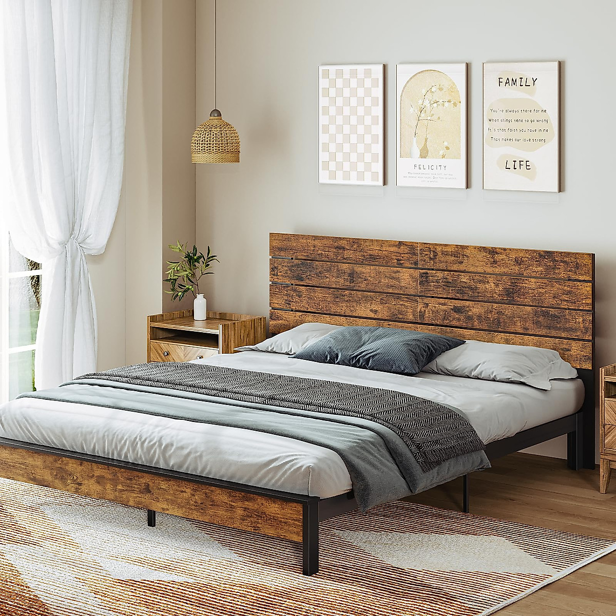 HOOBRO Headboard King Size, Wooden Headboard, Rustic-Styled Headboard, Headboard with Sturdy Support Legs, 3-Height Connection Holes, Minimalist Headboard, for King Beds, Rustic Brown and Black