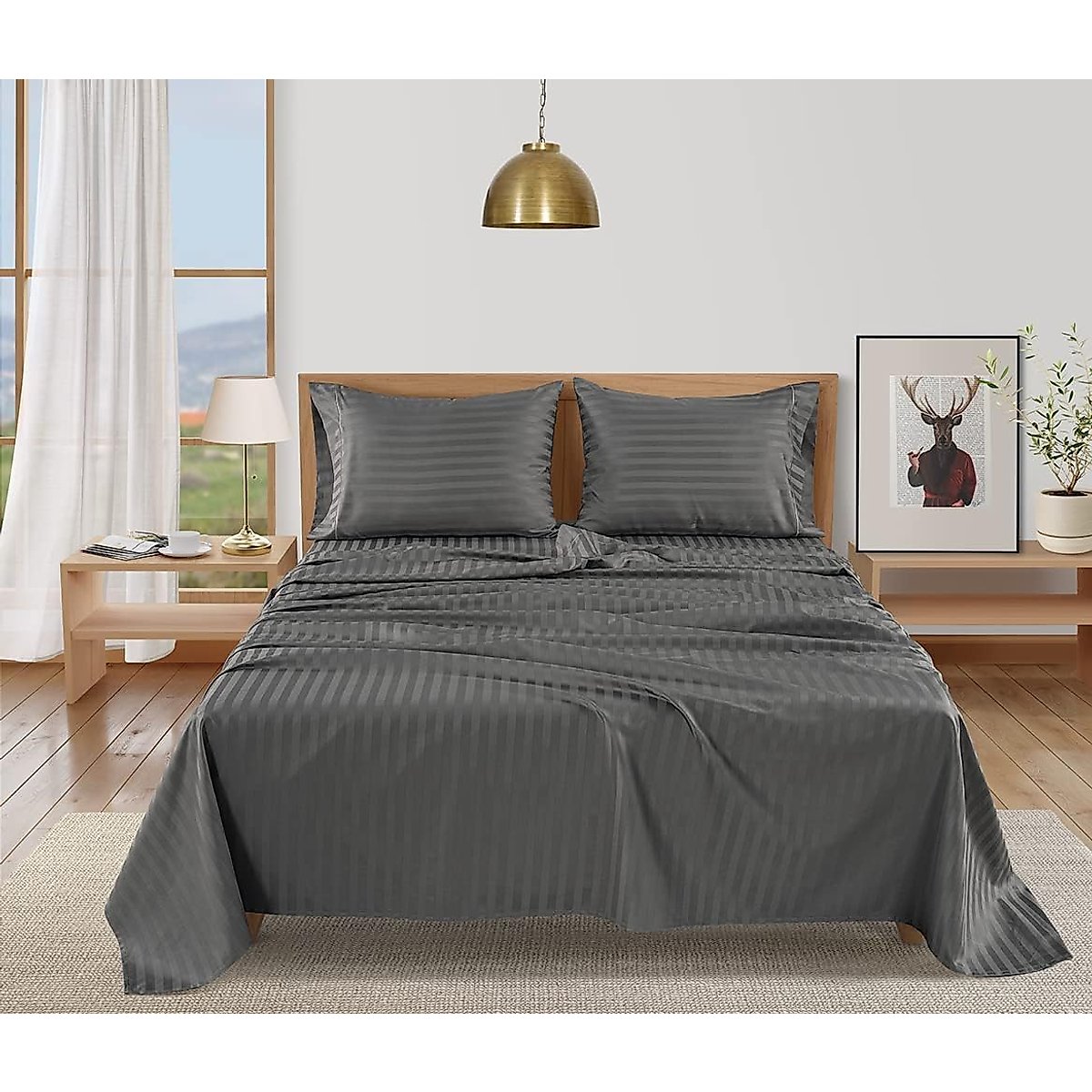 100% Egyption Cotton Cal King Solid Sheet Set & Damask Striped Sheets Set of 2 Combo- 800 Thread Count Sateen Weave Cal KIng Size Solid Sheets & Striped Sheets, Deep Pocket Cotton Bedsheets - Charcoal