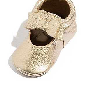 Freshly Picked Soft Sole Leather Ballet Flat Bow Moccassins - Baby Girl Shoes - Platinum - Size 4