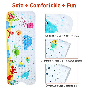 Baby Bath Mat for Tub for Kids, 40in x 16in Non Slip Cartoon Bath Tub Shower Mat Anti Slip with Drain Holes and Suction Cups Machine Washable, Little Whale