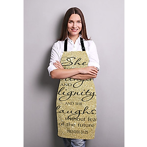 Lefolen Proverbs 31:25 Adjustable Bib Apron Bible Verse Gold Sparkles Glitter Pattern Print Cooking Kitchen Apron for Men Women