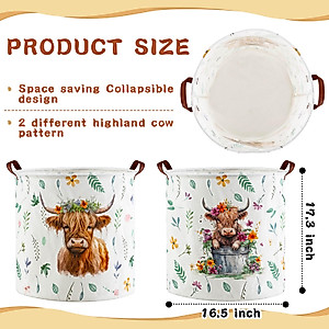 Barydat 2 Pcs Highland Cow Storage Basket, 17.3'' x 16.5'' Collapsible Waterproof Laundry Hamper, Nursery Toys Clothes Storage Basket Bin, Floral Farm Animal Holder Organizer for Bathroom